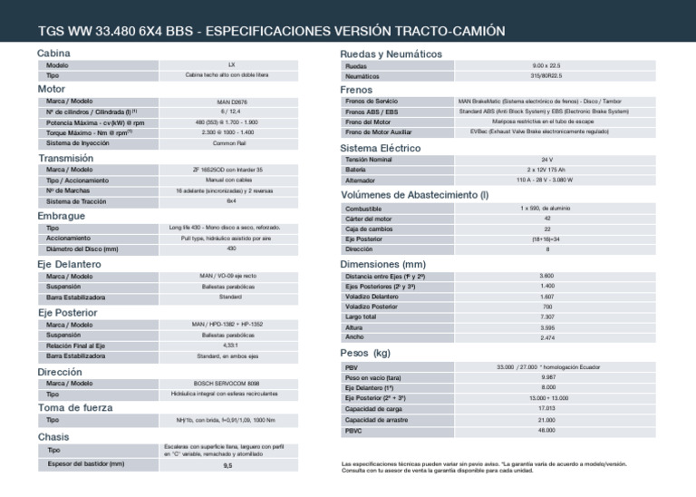 MAN TGS 33480 Especificaciones Version Tracto Camion | PDF | Camión | Eje