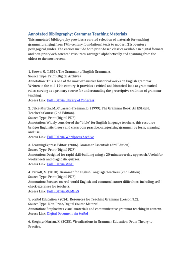 Annotated Bibliography Grammar Teaching | PDF