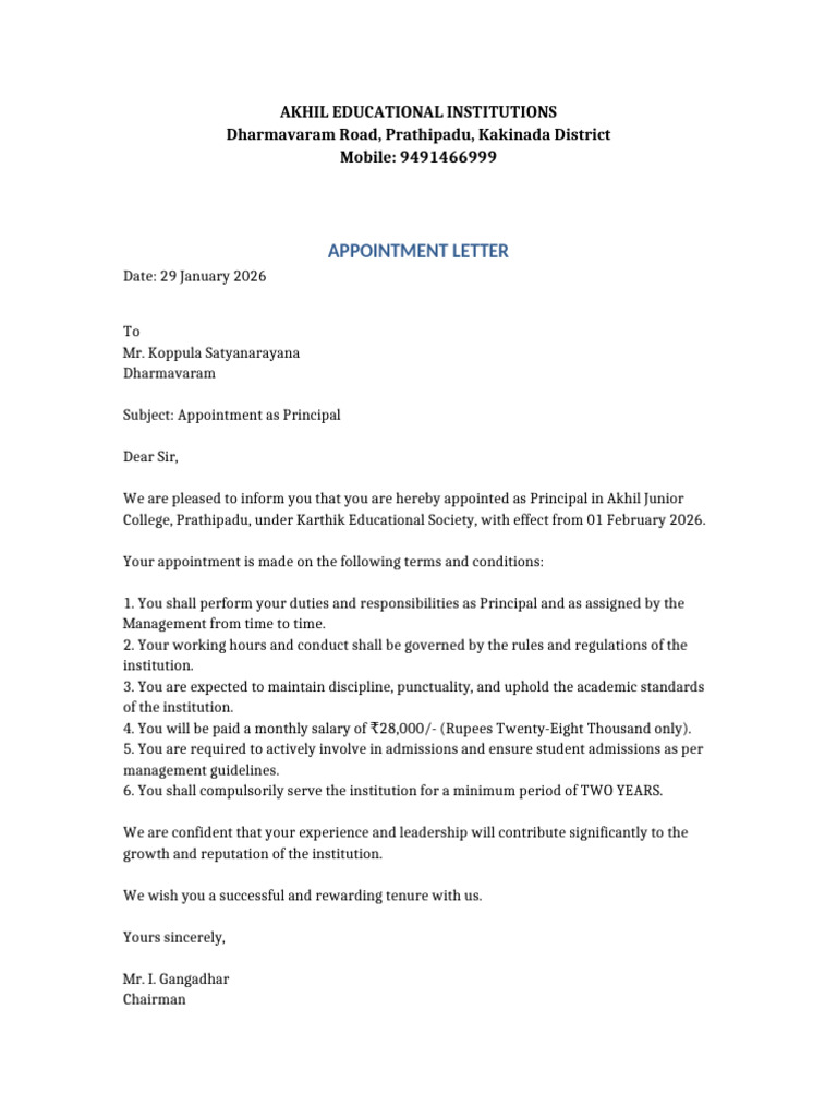Appointment Letter Principal OnePage | PDF