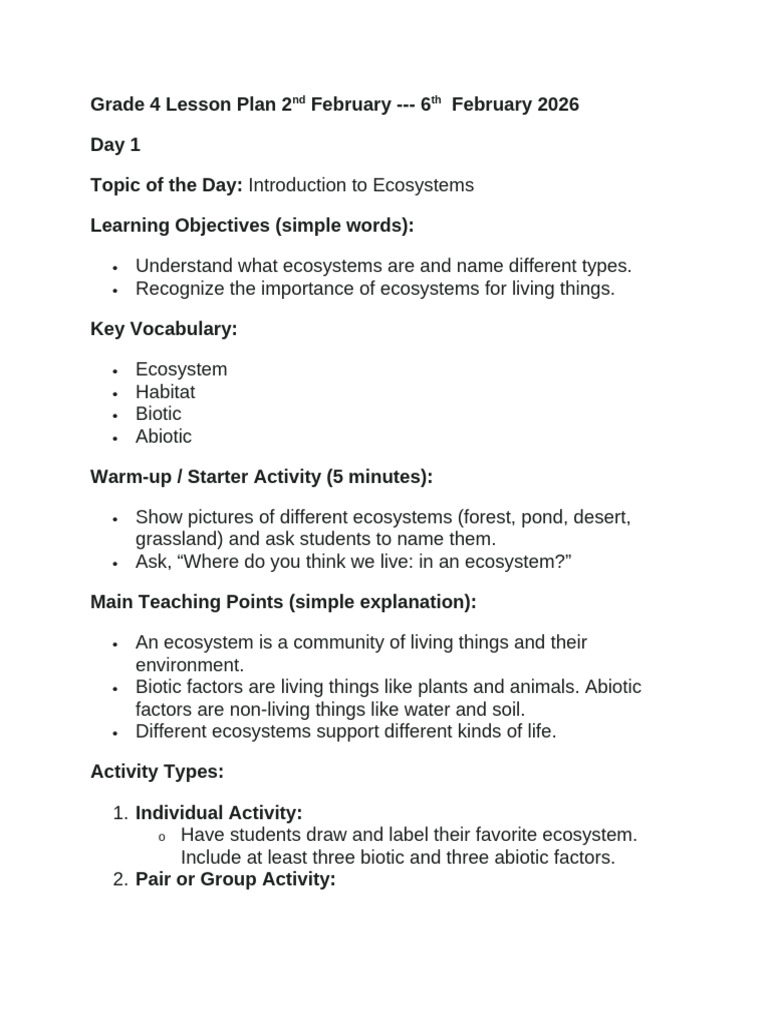 Grade 4 Lesson Plan 2nd February | PDF | Ecosystem | Foods