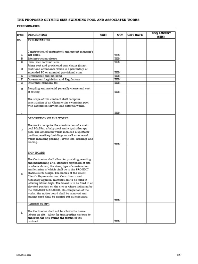 Olympic Size Swimming Pool and Associated Works Boq | PDF | Concrete ...