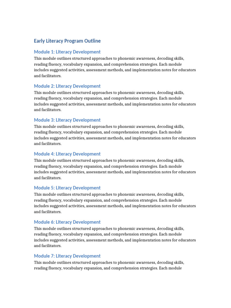 Early Literacy Program Outline | PDF | Reading Comprehension | Literacy