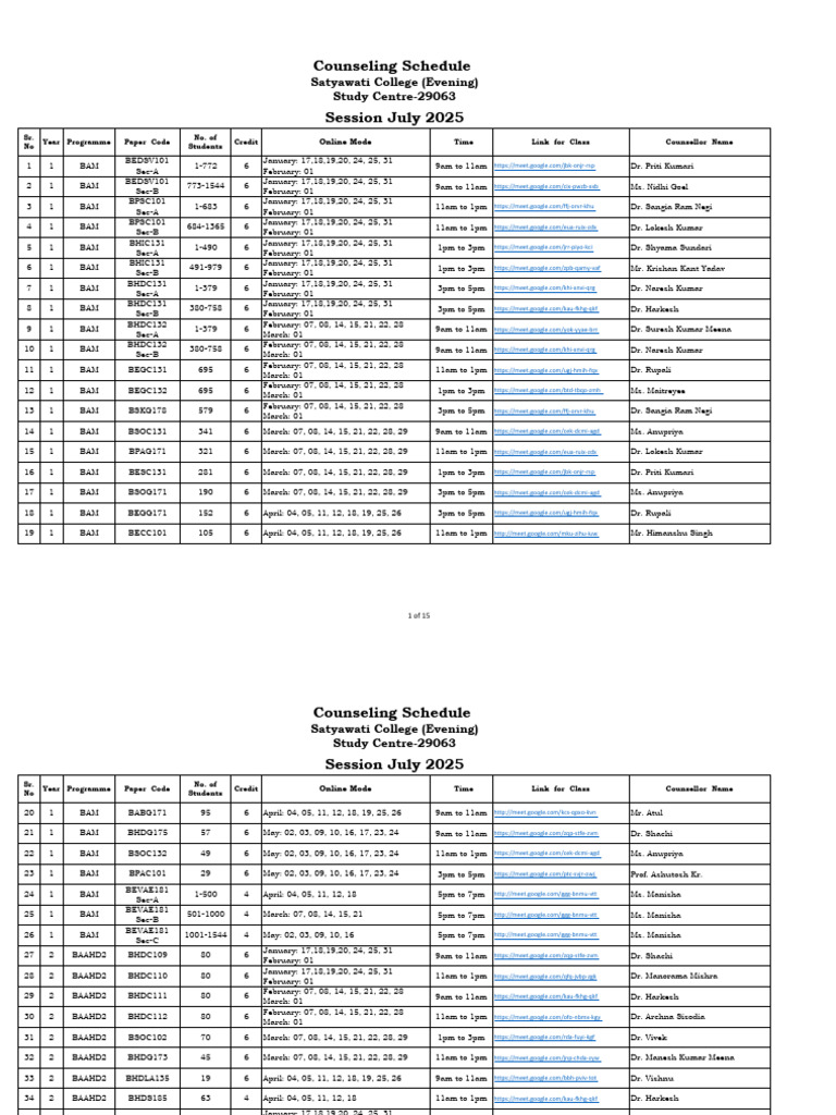Final Counseling Schedule July 2025 | PDF