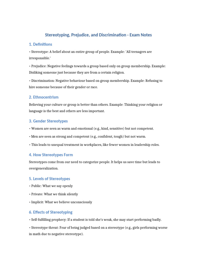 Stereotyping Prejudice Discrimination Notes | PDF | Prejudices ...