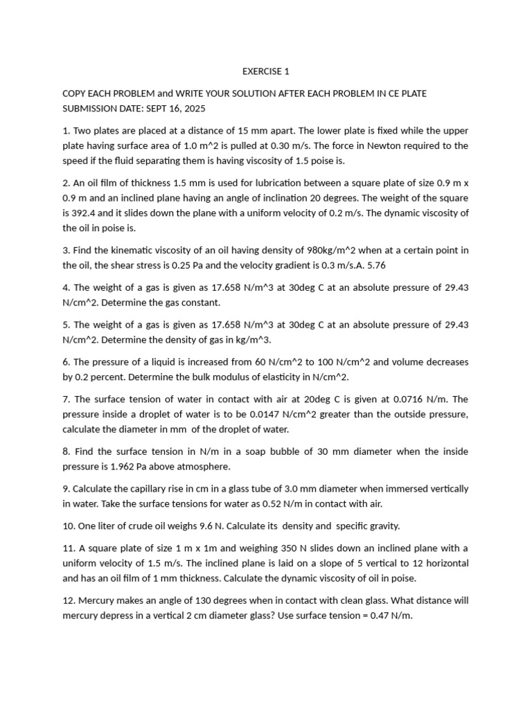 Exercises 1 Properties of Fluids Ce 08 Version 2 | PDF | Pressure | Liquids
