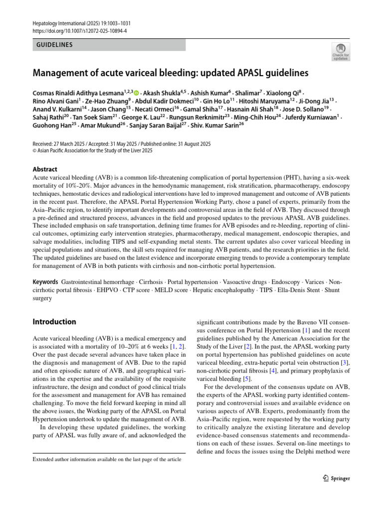 Management of Acute Variceal Bleeding Updated APASL Guidelines 2025 ...