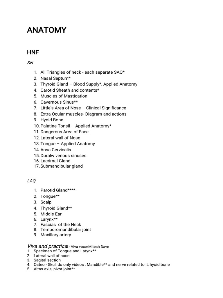 Important Questions List for 1st Year Mbbs - Bhalani | PDF