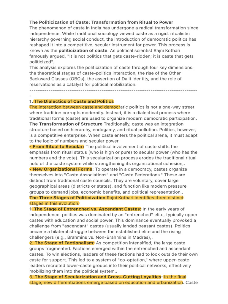 The Politicization of Caste: Transformation From Ritual To Power | PDF ...