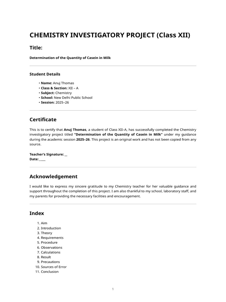 Class 12 Chemistry Investigatory Project - Determination of Casein in ...