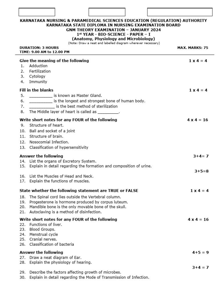 1st YEAR - GNM - BIO-SCIENCE - PAPER - I (Anatomy, Physiology and ...