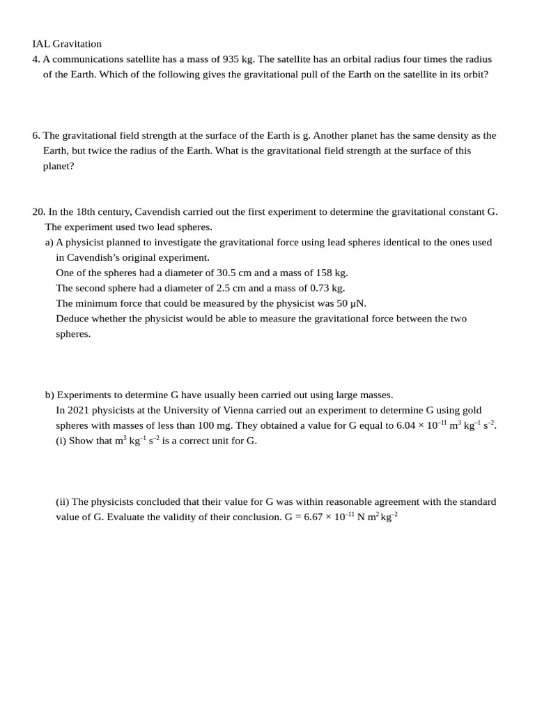 Gravitation Worksheet #IAL | PDF
