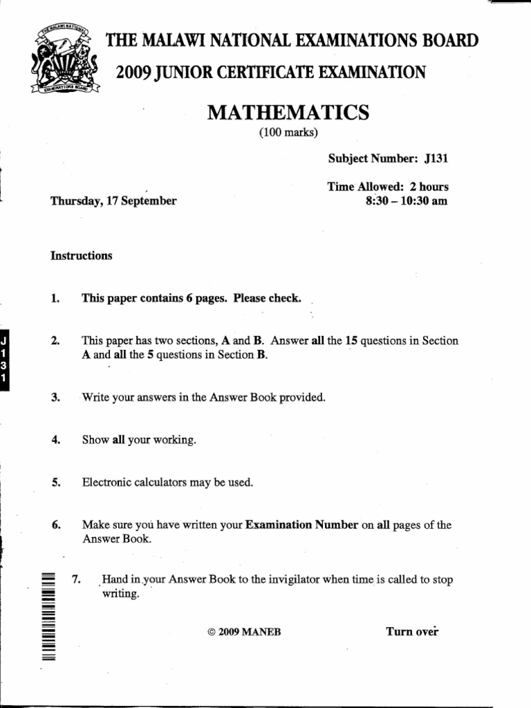 2009 Maths JCE Maneb | PDF
