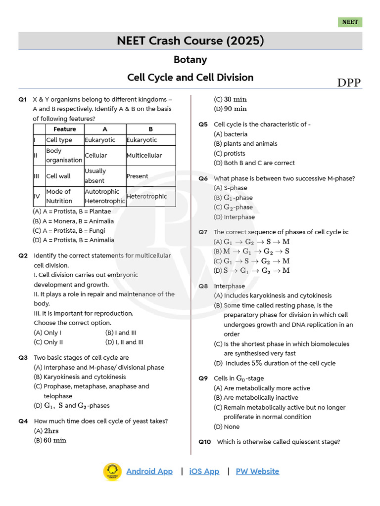 67f39e59426fe5834eae2358_##_Cell Cycle and Cell Division _ DPP __ NEET ...