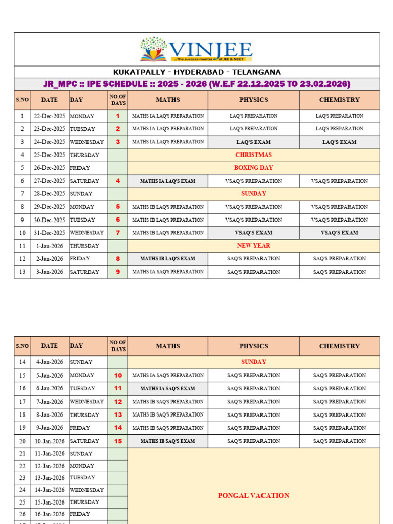 JUNIOR (MPC) IPE SCHEDULE 2025 - 2026 (WEF. 22.12.2025 To 23.02.2026) | PDF