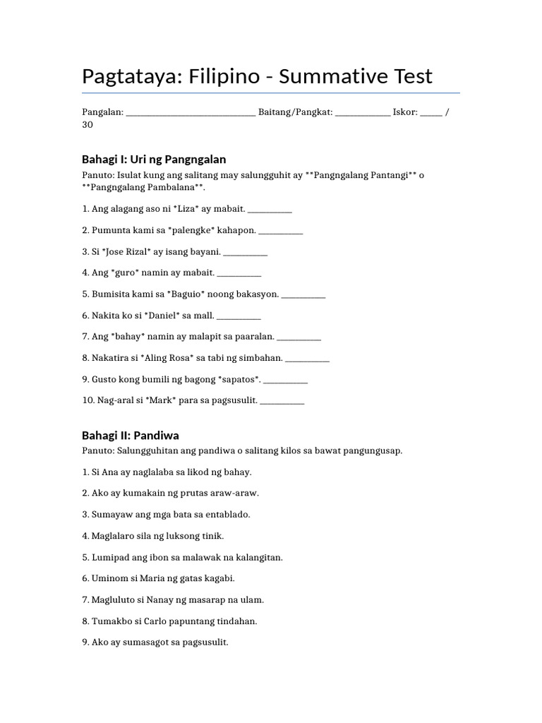 Filipino Summative Test Pangngalan Pandiwa Pangungusap | PDF