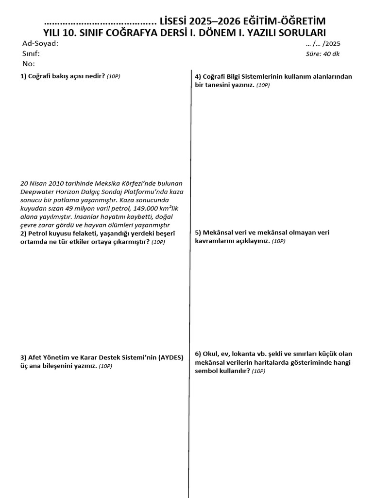 Cografya-10-Sinif-1-Donem-1-Yazili-2025-2026 2 | PDF