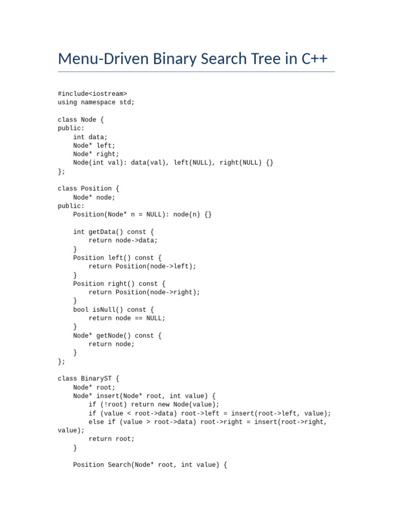 Menu Driven BST Code | PDF | Software Engineering | Computer Programming