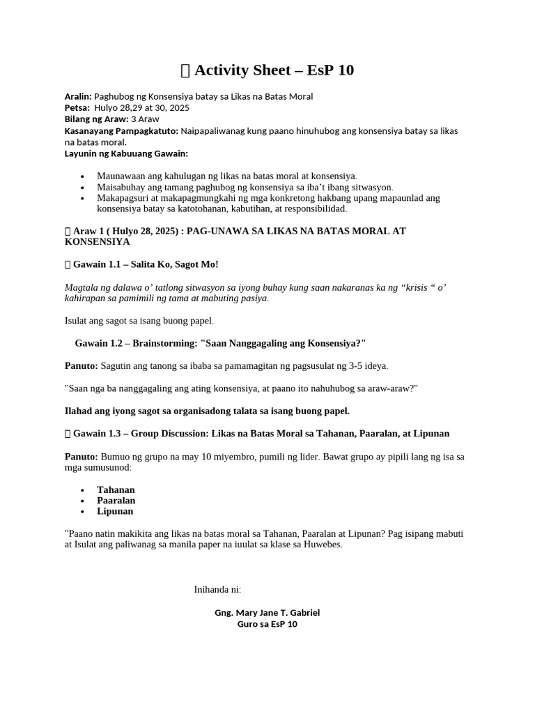 Expanded Activity Sheet in EsP 10 | PDF