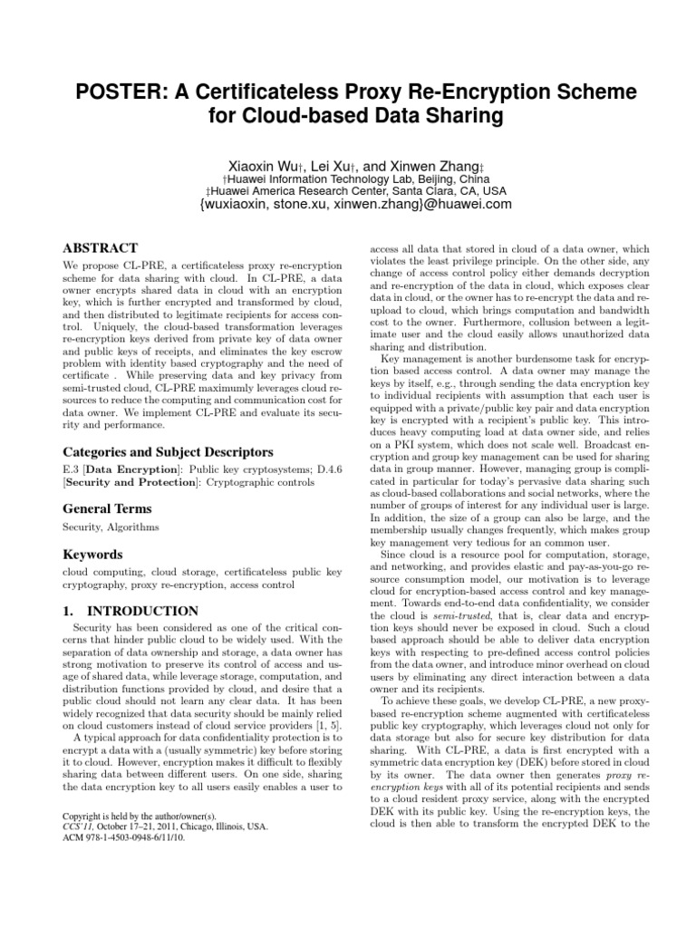 A Certificateless Proxy Re-Encryption Scheme For Cloud Based Data Sharing | PDF | Key ...