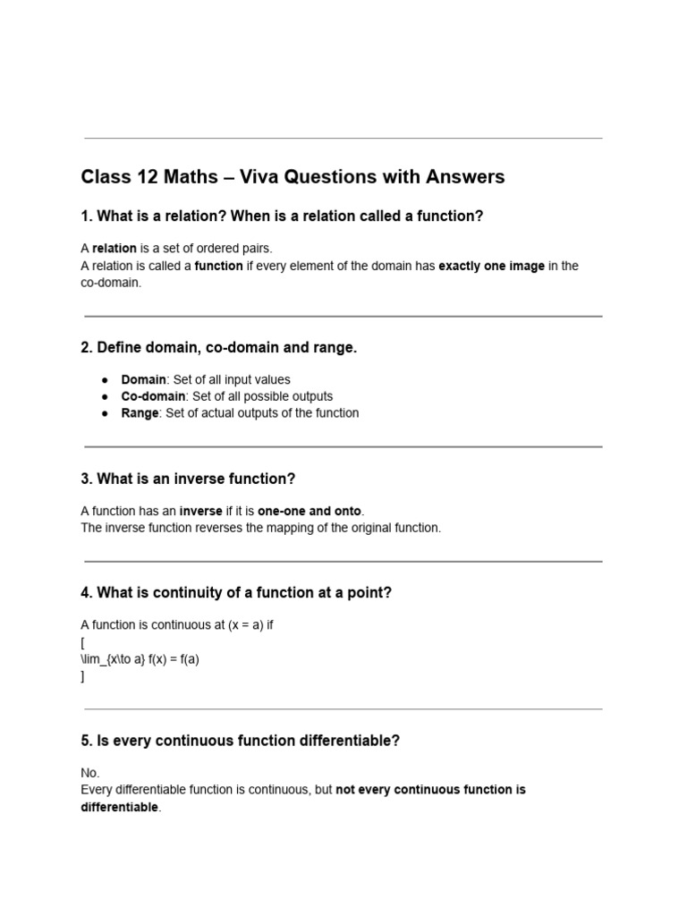 Class 12 Maths - Viva Questions With Answers | PDF | Integral ...