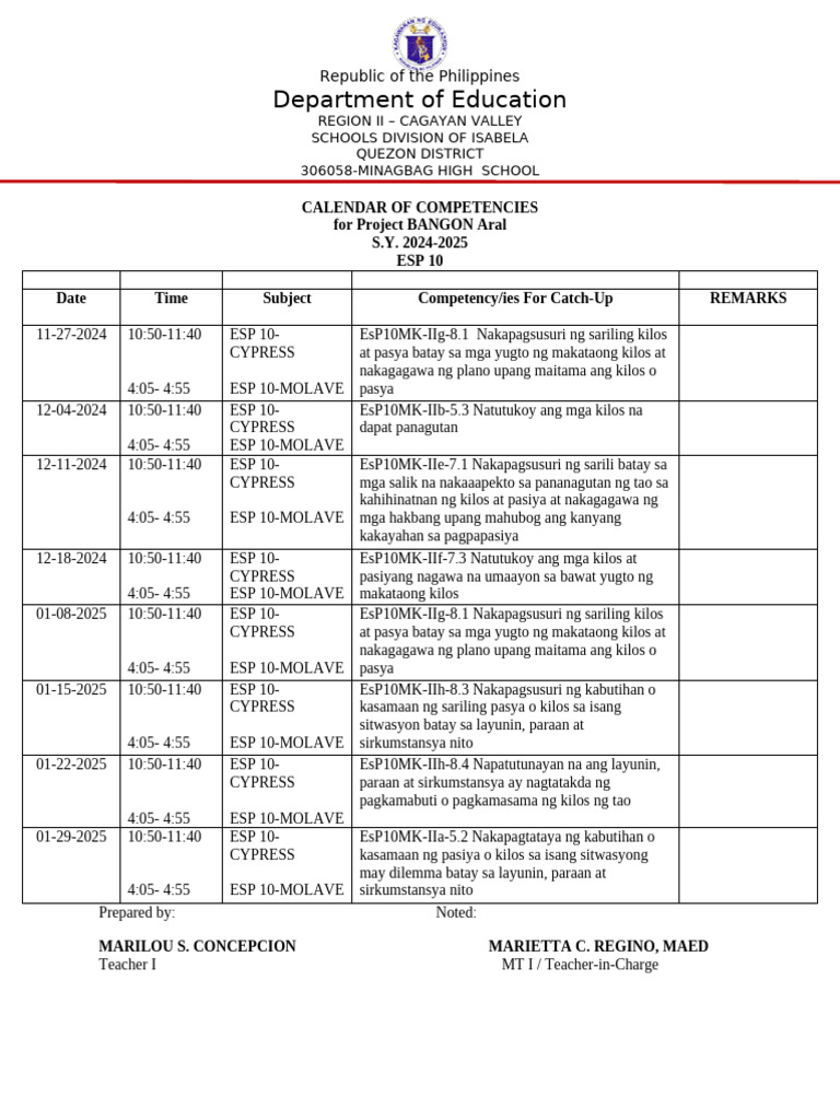 Project Bangon Catch Up Calendar Malou | PDF