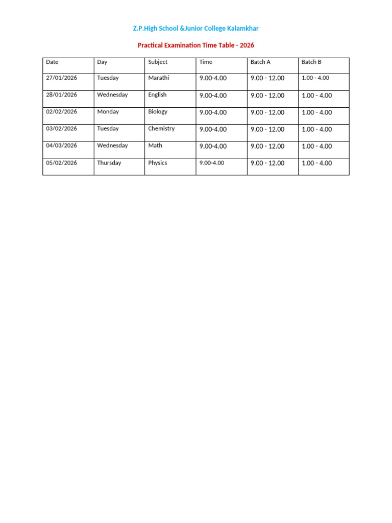 Practical Examination Time Table 2026 | PDF
