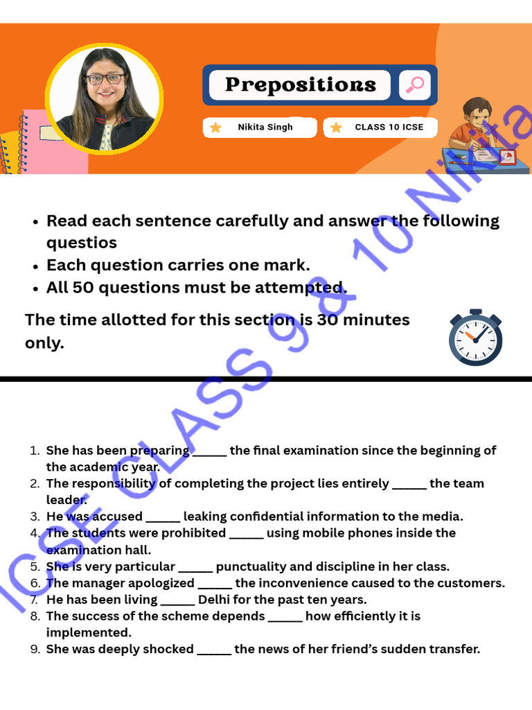 Prepositions Worksheet Icse | PDF