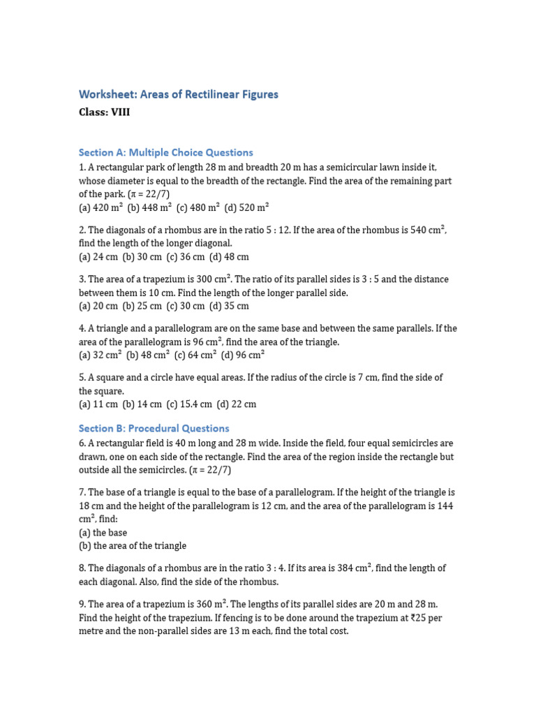 8, Areas of Rectilinear Figures Worksheet | PDF