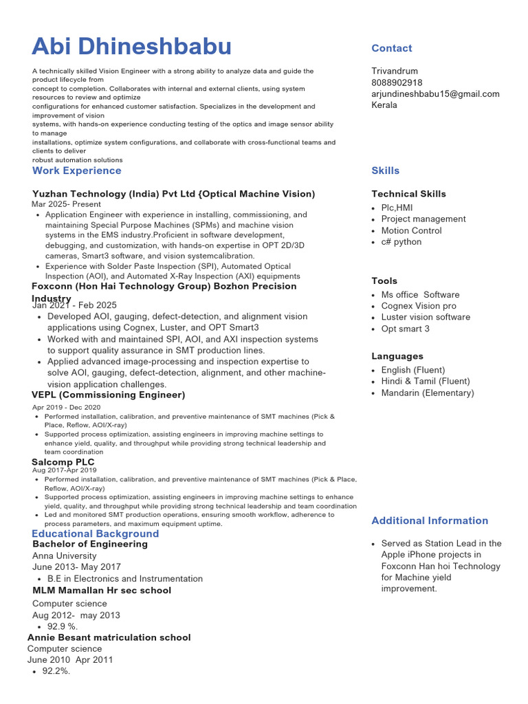 Vision AOI Field Application Engineer Resume | PDF | Software | Automation