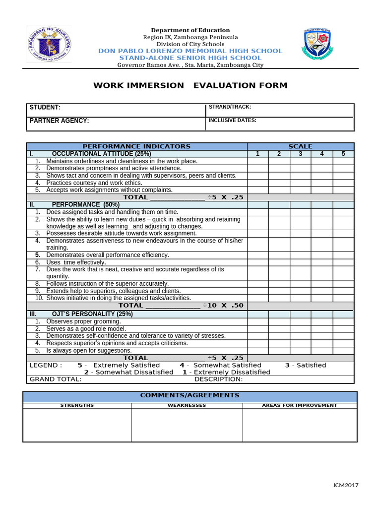 Work-Immersion-Evaluation-Form January 2026 | PDF | Cognition