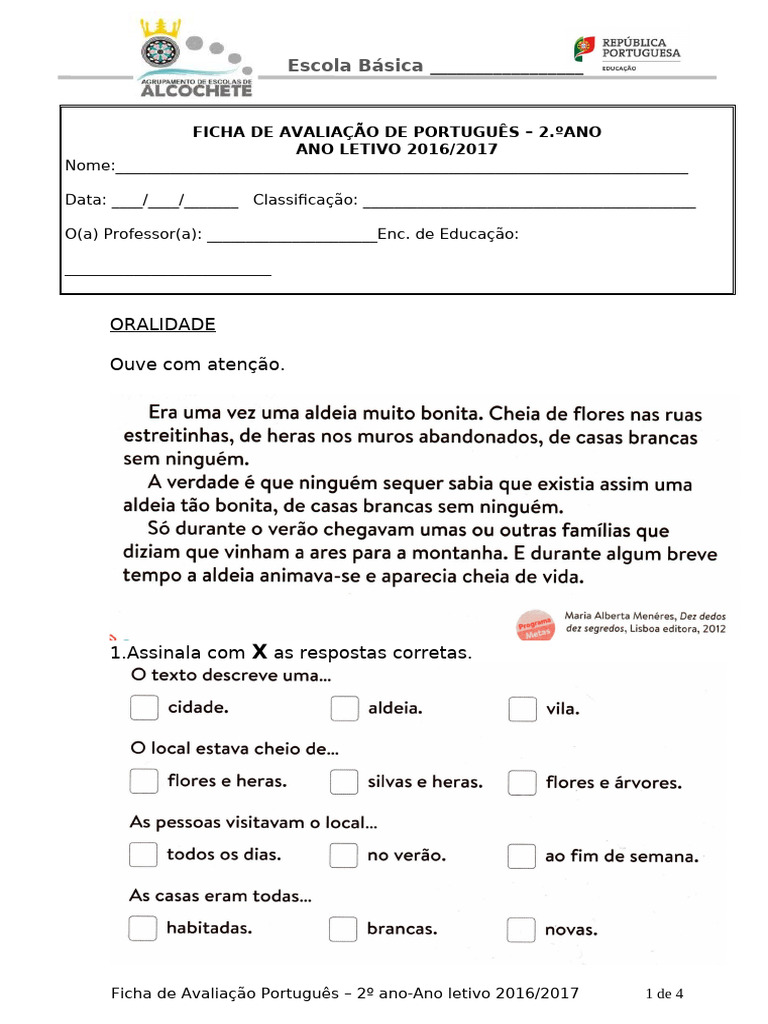 Avaliacao Intercalar Outubro-Português - EnVIAR | PDF