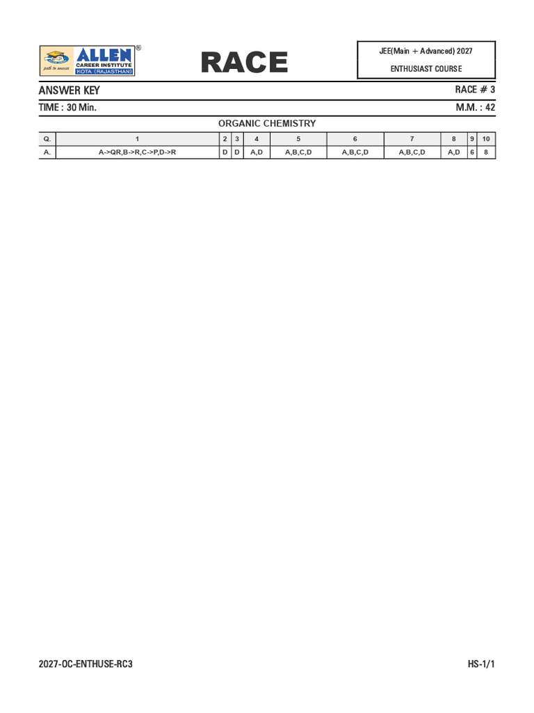 2027 Oc Enthuse Rc03 Answer Key | PDF