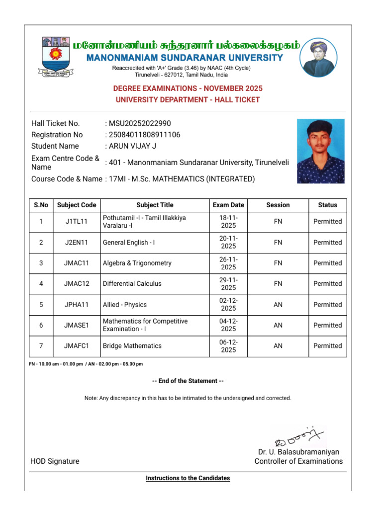 University Department Hall Ticket - November 2025 Examination | PDF ...