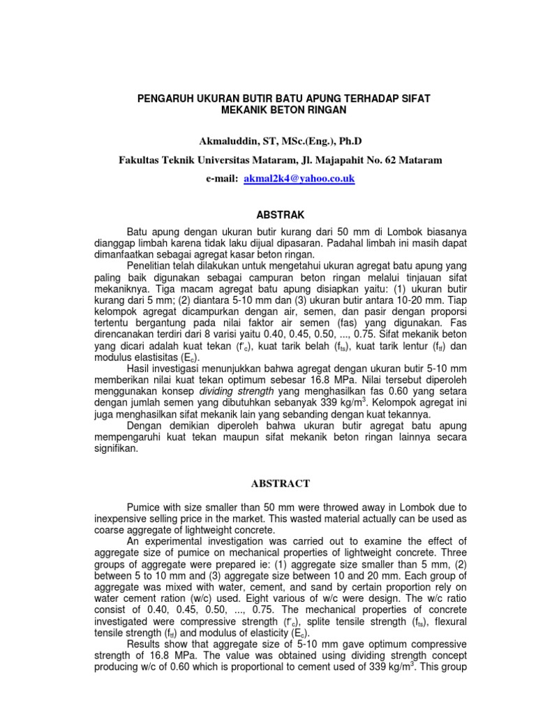 Beton Ringan Batu Apung - Akmaluddin | PDF