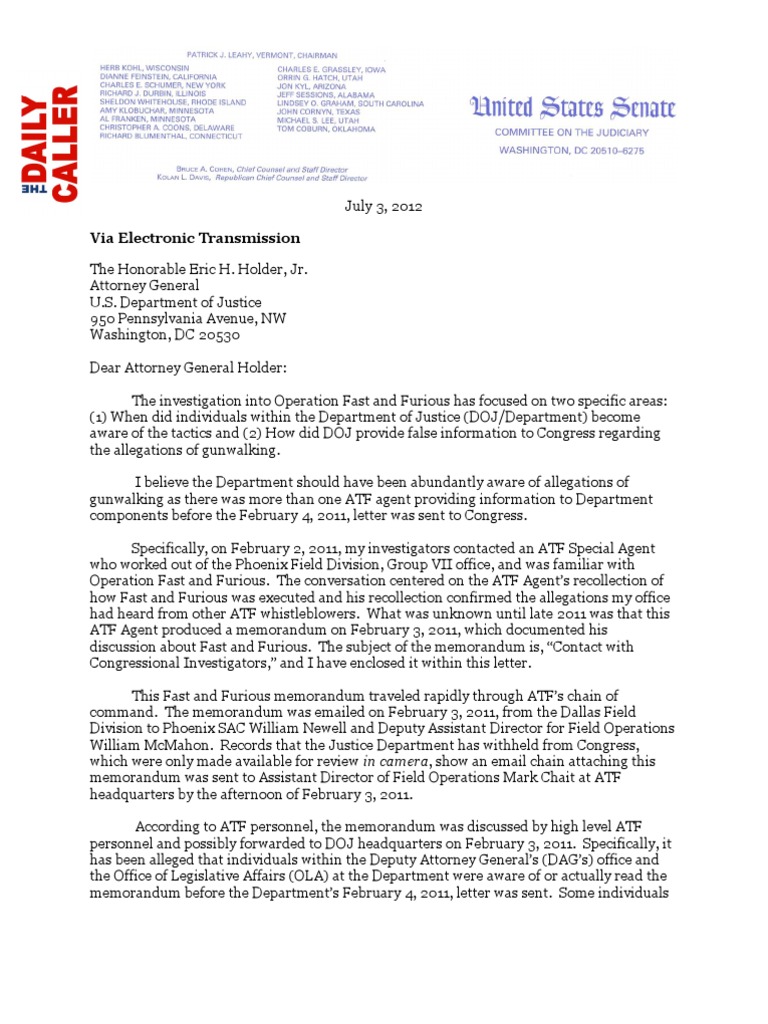 2012-07-03 Grassley Letter To Holder With Styers Memo | PDF ...