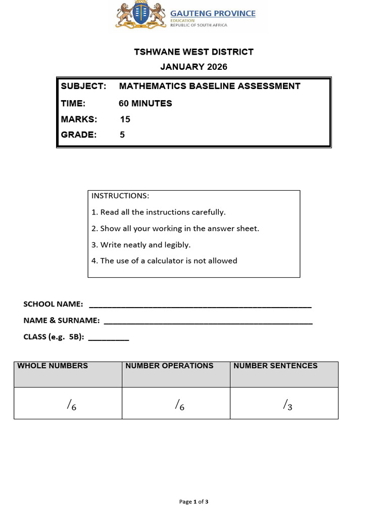 Grade 5 BASELINE ASSESSMENT FOR TERM 1 (2025) | PDF