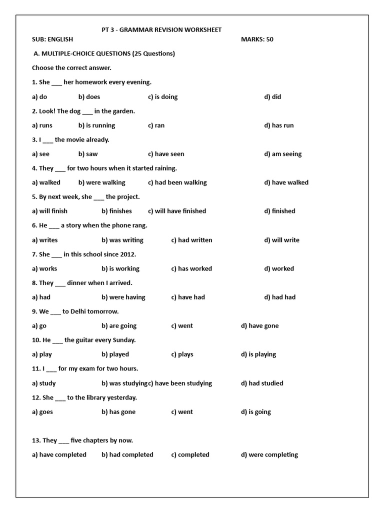 Grade Vii Pt3 Grammar Worksheet | PDF | Perfect (Grammar) | Language ...
