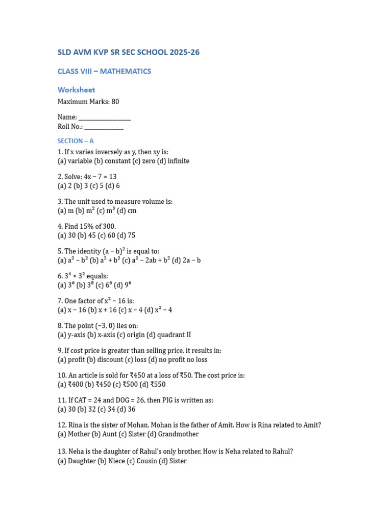 Class 8 Maths Sample Paper 2 | PDF | Area | Mathematics