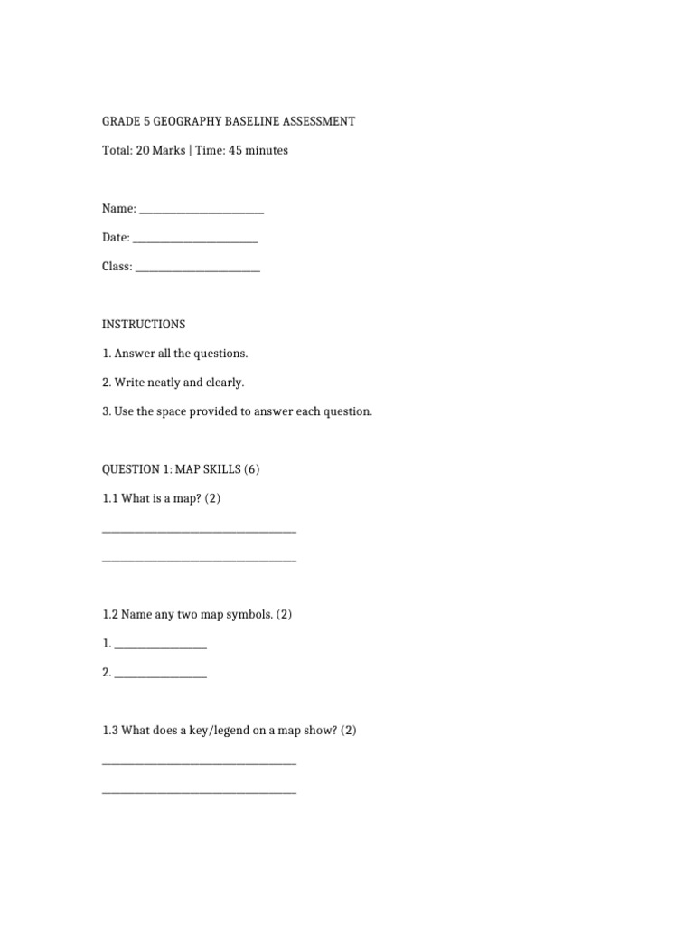 Grade 5 Geography Baseline Assessment | PDF