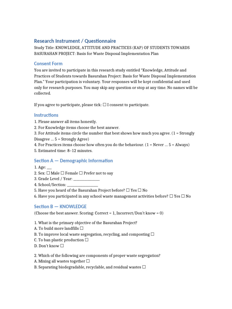 KAP Basurahan Questionnaire | PDF | Waste | Recycling