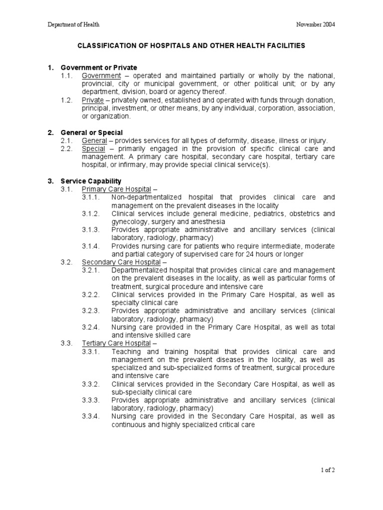 Classification of Hospitals DOH | PDF | Hospital | Health Care