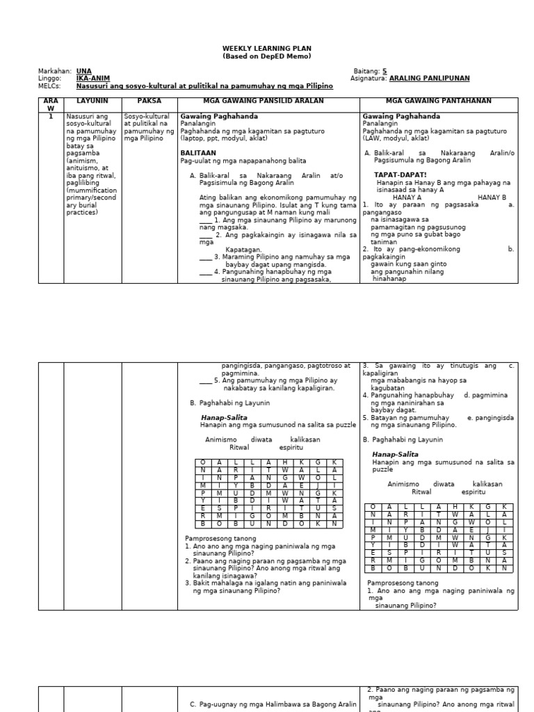 Ap 5 Q1 Aralin 6 Weekly Learning Planap 5 Q1 Aralin 6 Weekly Learning ...