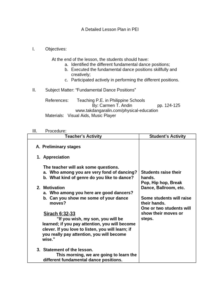 Fundamental Dance Position Lesson Plan | PDF | Dances | Foot