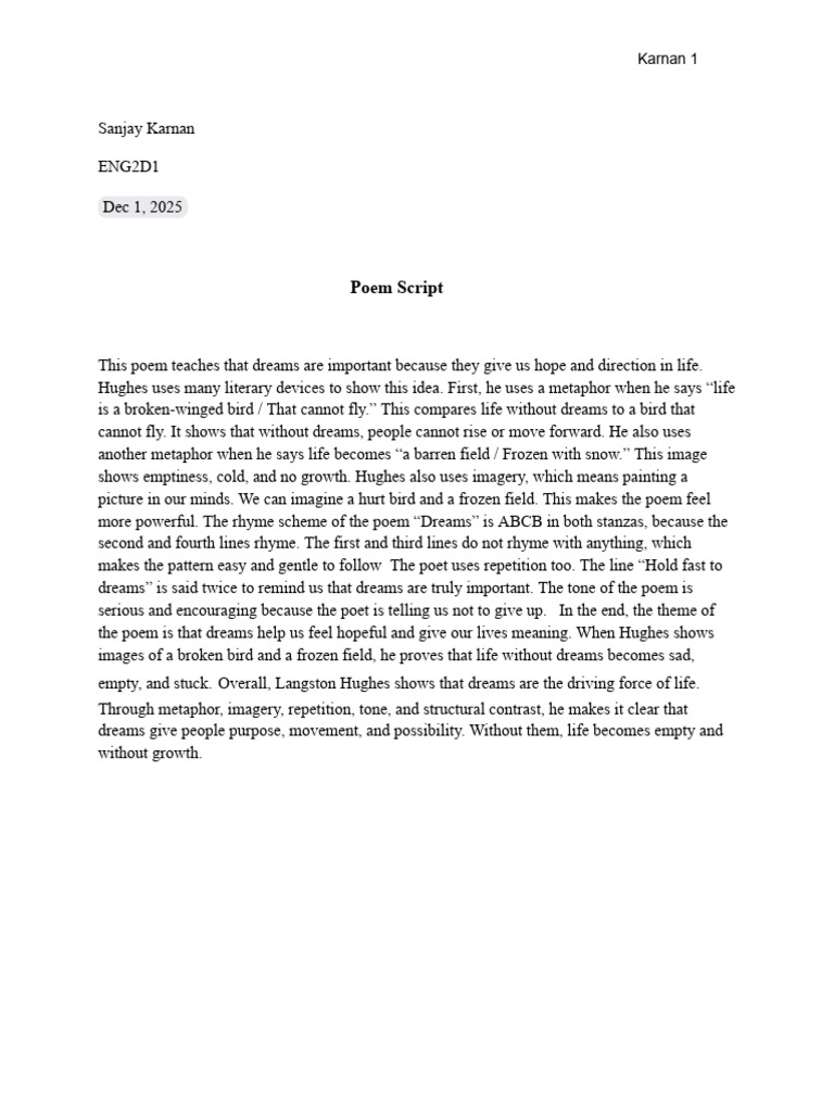Poem Script - Dreams - by Langston Hughes | PDF