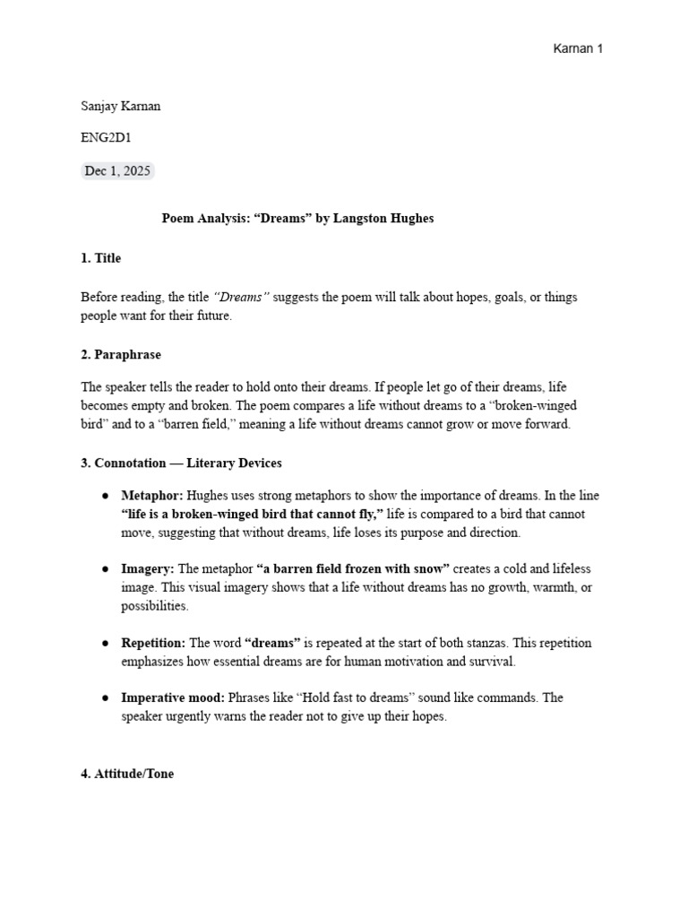 Poem Analysis - "Dreams" by Langston Hughes | PDF