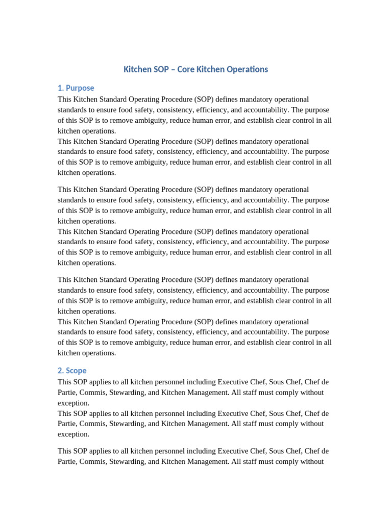 Kitchen SOP Core Kitchen Operations | PDF | Chef | Food Safety
