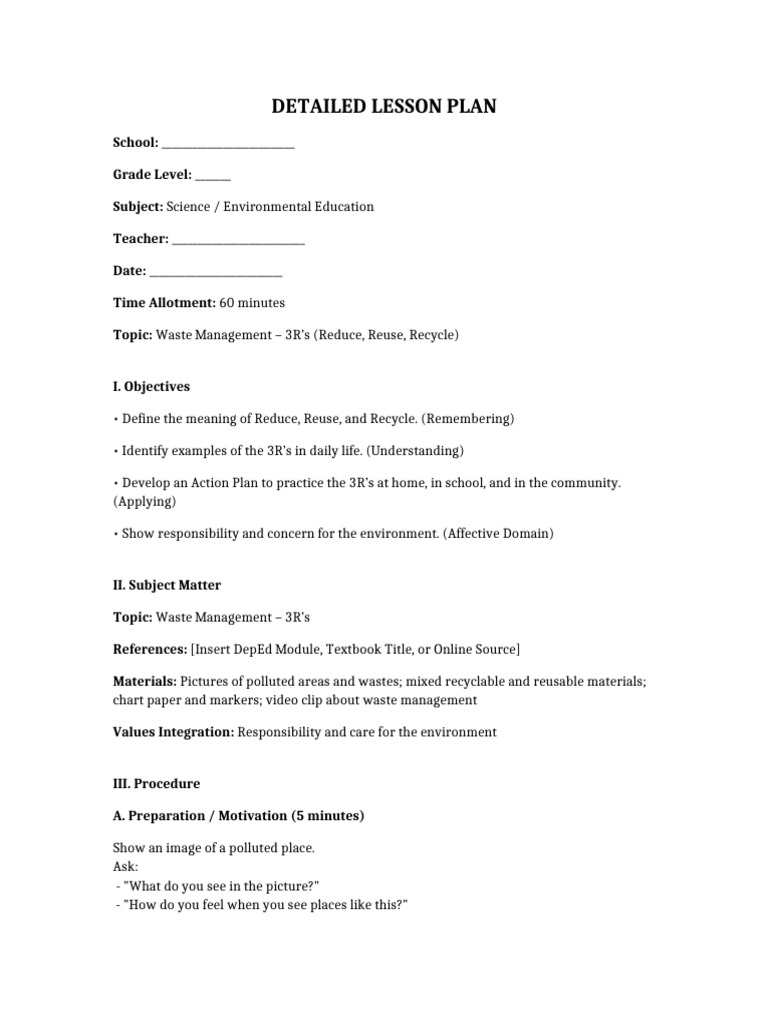 3Rs Waste Management Lesson Plan | PDF | Waste | Waste Management