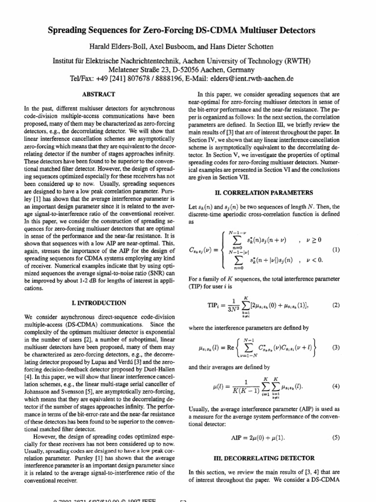 Spreading Sequences For Zero-Forcing DS-CDMA Multiuser Detectors | PDF | Eigenvalues And ...