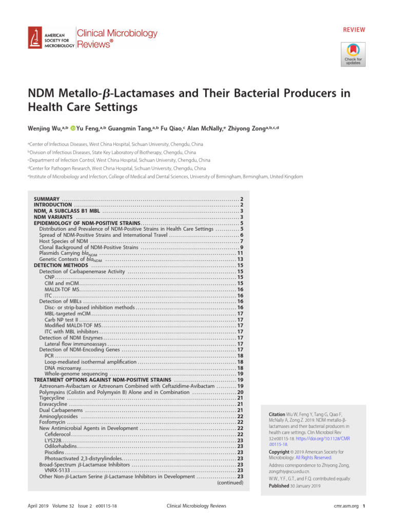 NDM Metallo-β-Lactamases and Their Bacterial Producers in Health Care ...