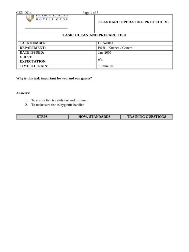 SOP Clean and Prepare Fish GEN-0014 | PDF | Knife
